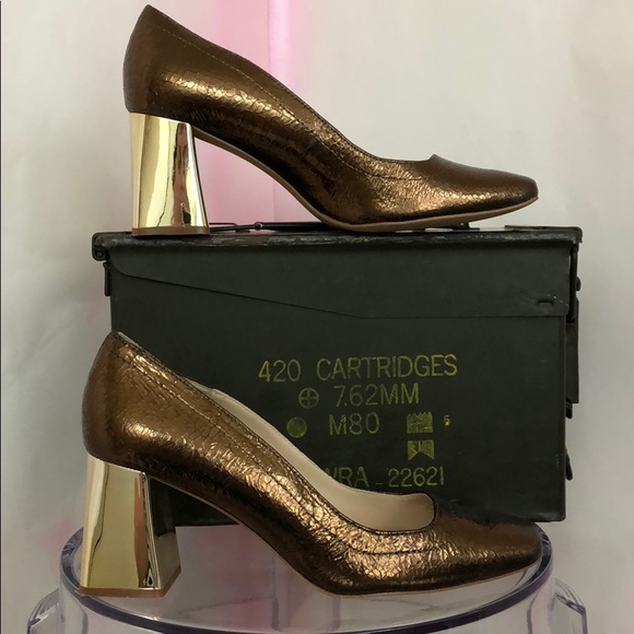 Zara | Shoes | Zara Bronze Metallic Block Heel Pumps Square Toe | Poshmark